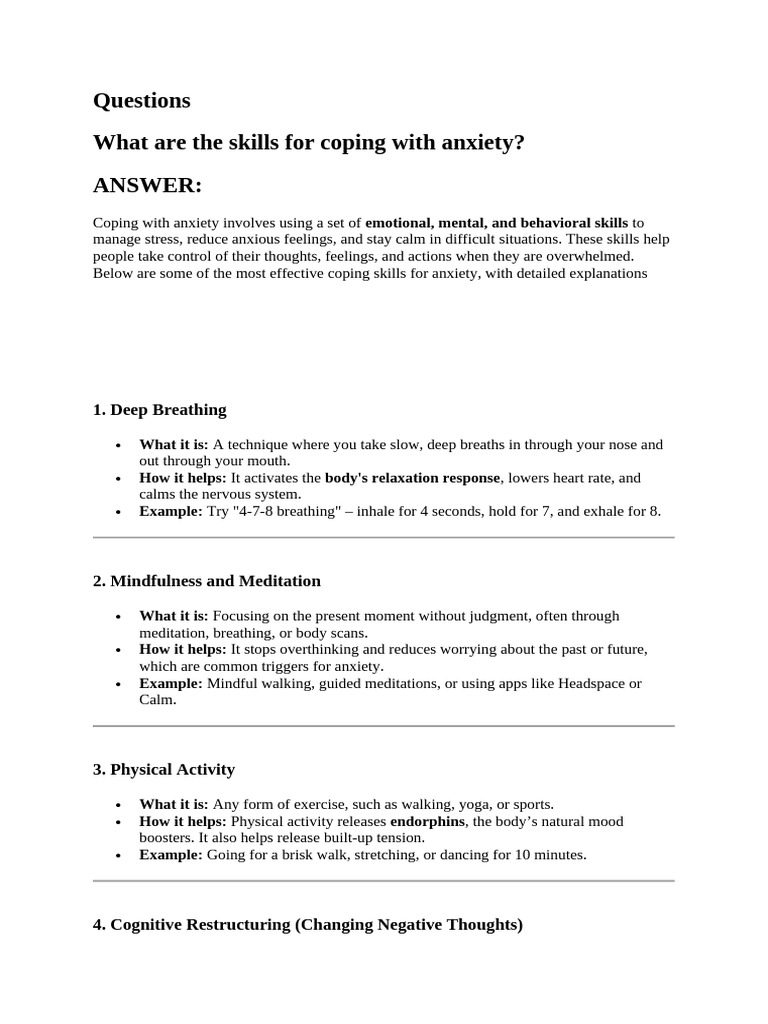 Questions Skill of Coping With Anxiety | PDF | Anxiety | Mindfulness