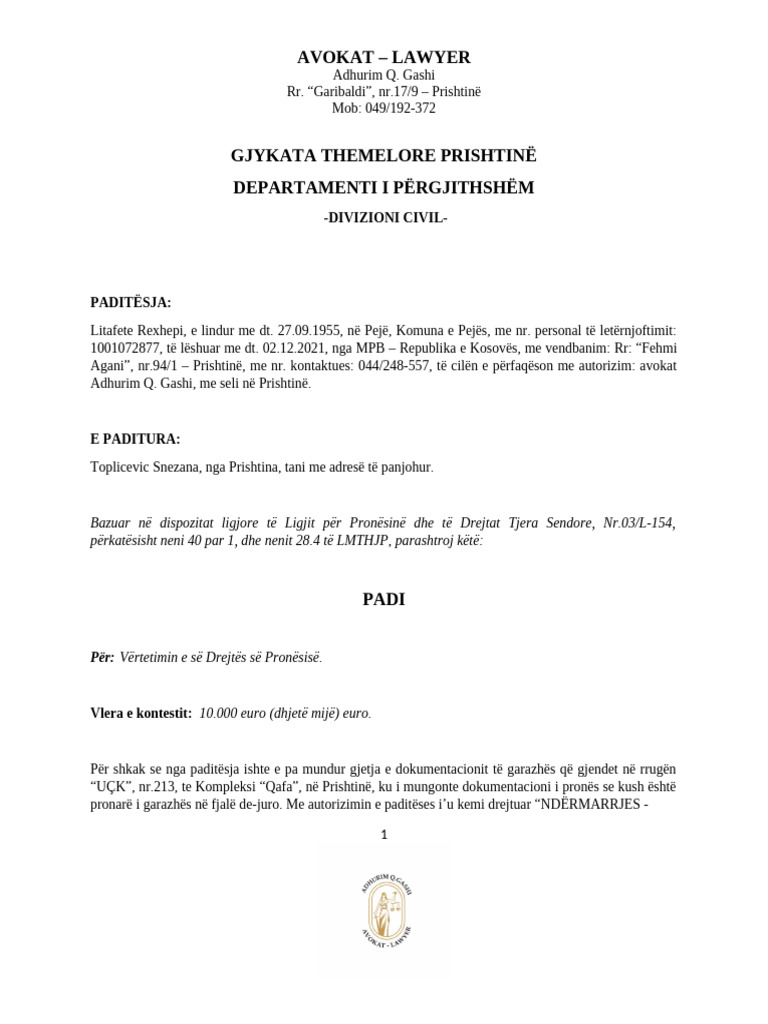 ADHURIMI Vertetim i Pronesise Ne Baze Te Parashkrimit | PDF