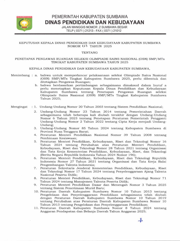 SK Kepala Dinas Tentang Pengawas Ruangan OSN | PDF