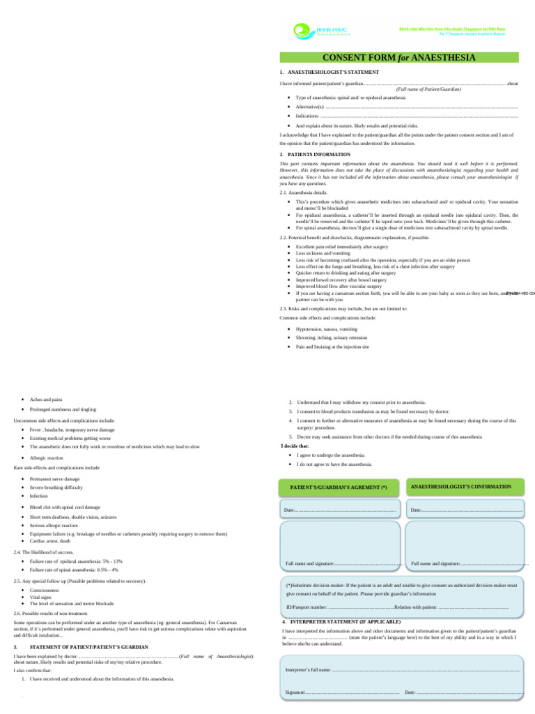 Epidural Anaesthesia Consent Form | PDF | Anesthesia | Surgery