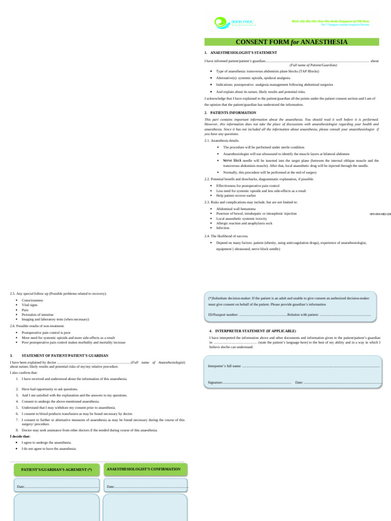 Anaesthesia Consent Form for TAP Blocks | PDF | Anesthesia | Medicine