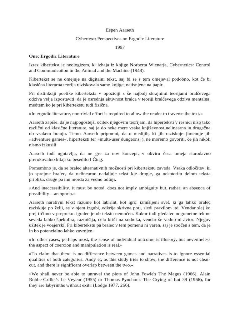 Cybertext Perspectives On Ergodic Lit. SUMMARY | PDF