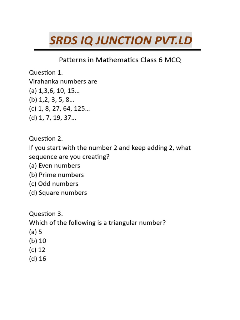 Patterns in Mathematics Class 6 MCQ Assignment | PDF | Elementary ...