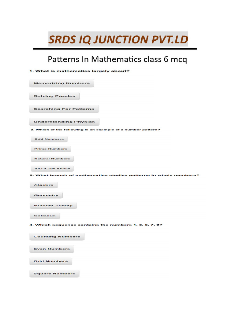 Patterns in Mathematics Class 6 MCQ Assignment | PDF