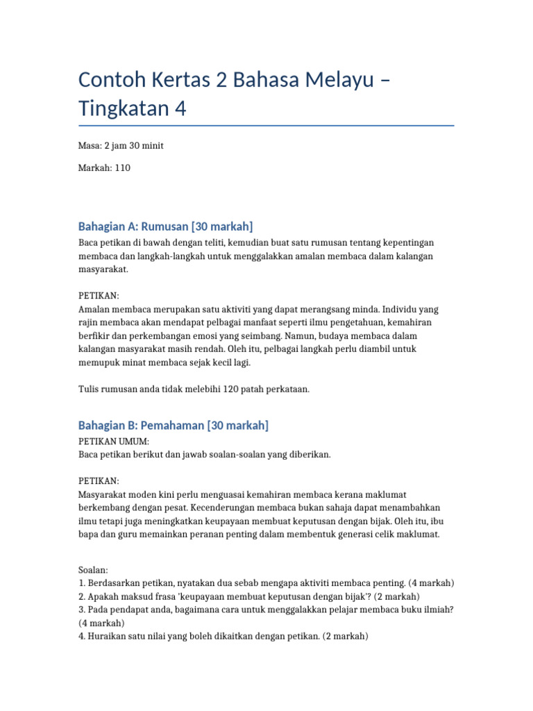 Contoh Kertas 2 BM Tingkatan 4 | PDF