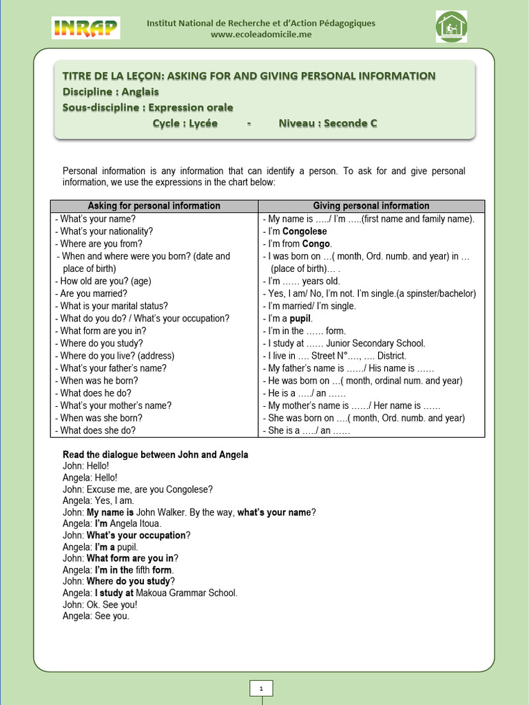 ANGL - Asking For and Giving Personal Information | PDF