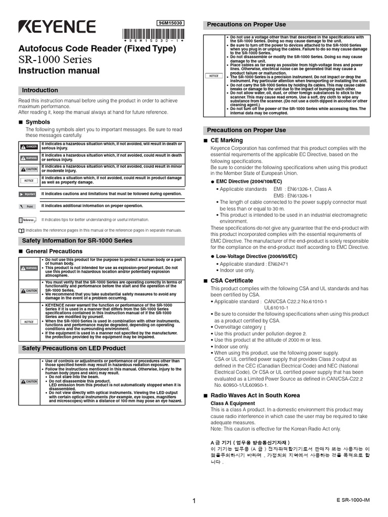 SR-1000 Autofocus Reader Manual | PDF | Electromagnetic Compatibility | Usb