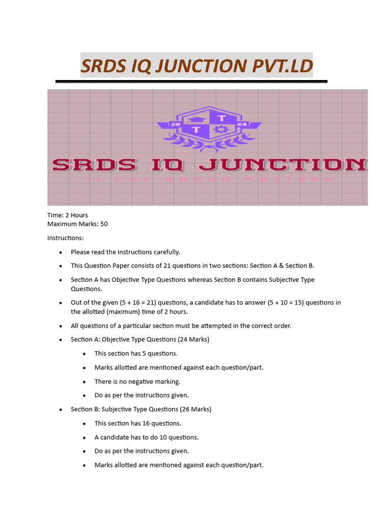 SRDS IQ JUNCTION Class 10 INFORMATION TECHNOLOGY (402) Pre-Board ...