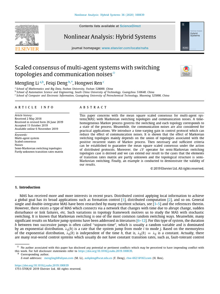 Scaled Consensus in Multi-Agent Systems | PDF | Markov Chain ...