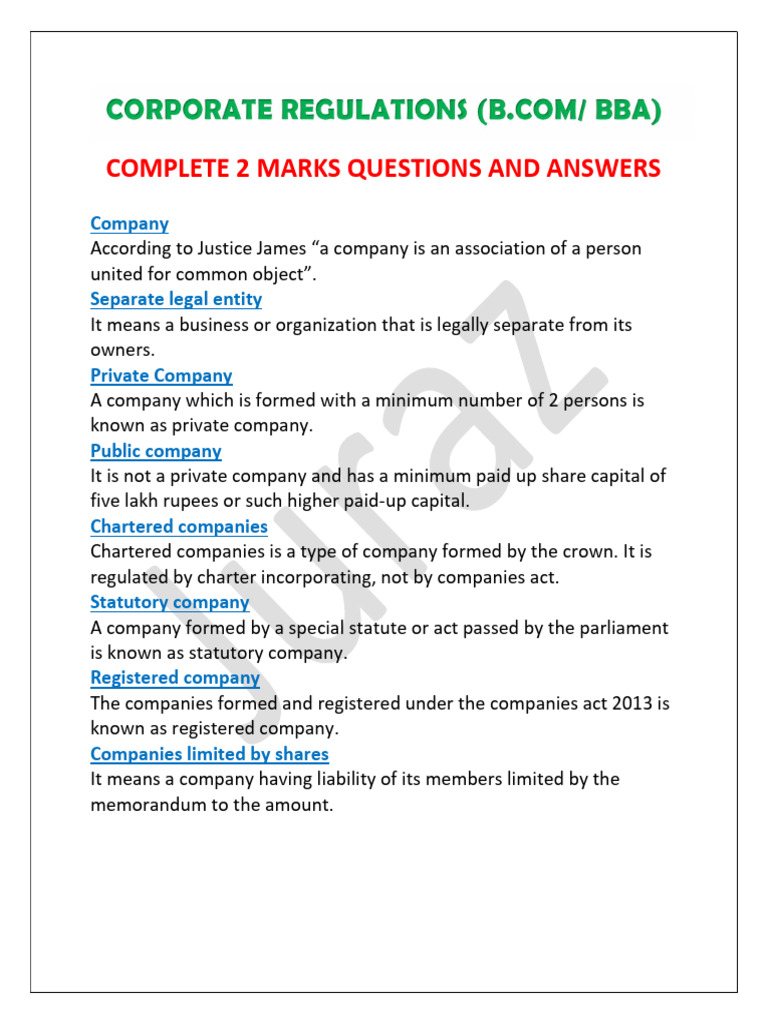 Corporate Regulations Bcom Bba Juraz Complete 2 Mark Q & A | PDF | Liquidation | Stocks