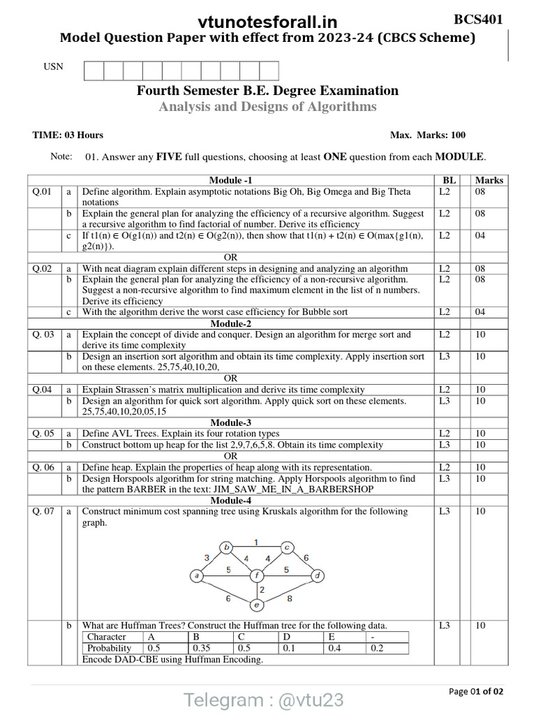 ADA(BCS401) MQPsolved @Vtunotesforall | PDF | Graph Theory | Algorithms