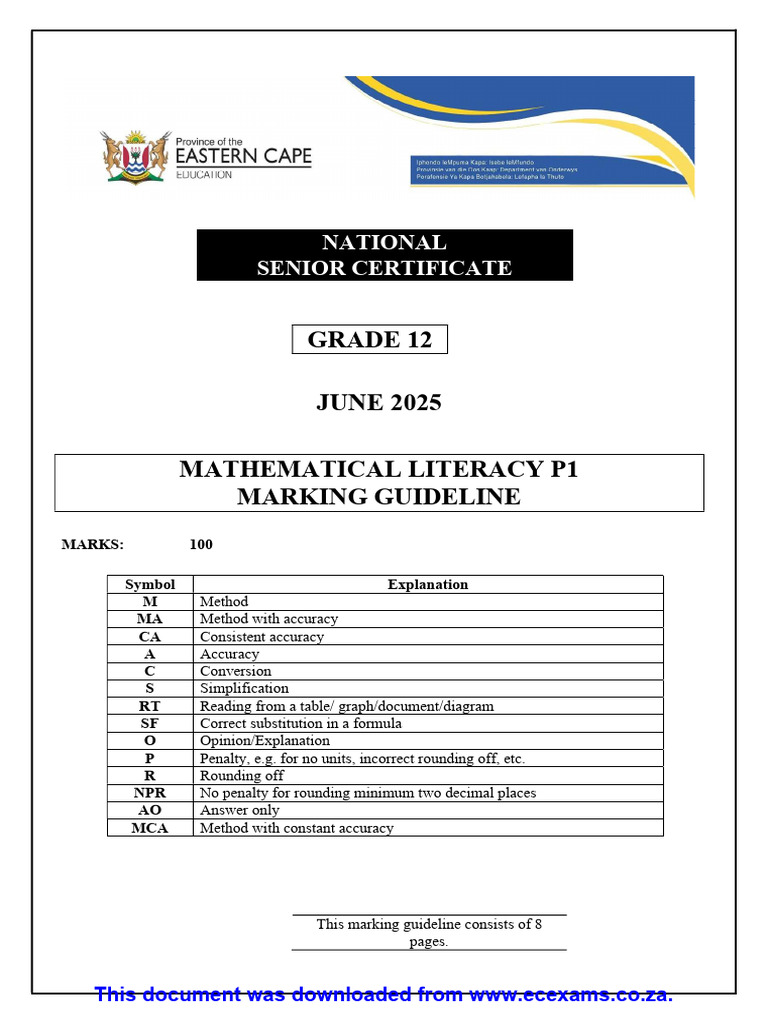 MATHS LIT P1 GR12 MEMO JUNE 2025 - English - Watermark | PDF | Accuracy And Precision | Mathematics