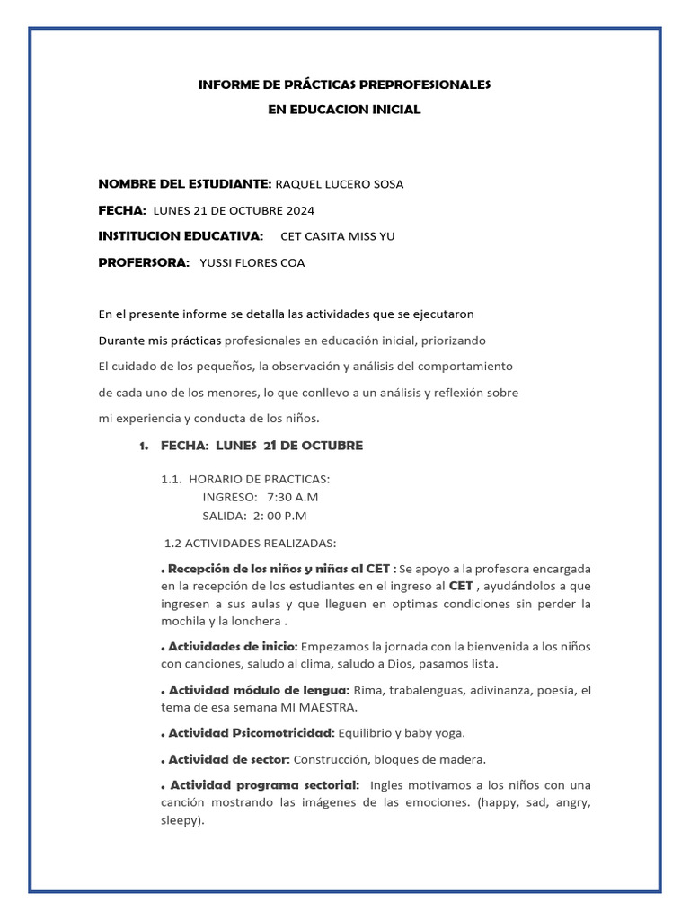 Informe de Practicas Preprofesionales Evaluacion de Los 3 Dias de ...