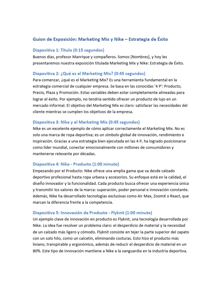 Guion Exposicion Nike MarketingMix | PDF | Marketing | Producto (Negocio)