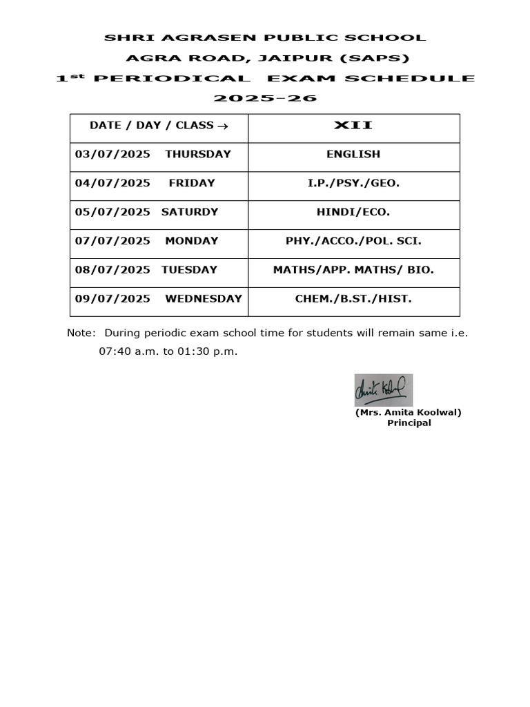 Class XII Time Table 1st Periodical 2025-26 | PDF