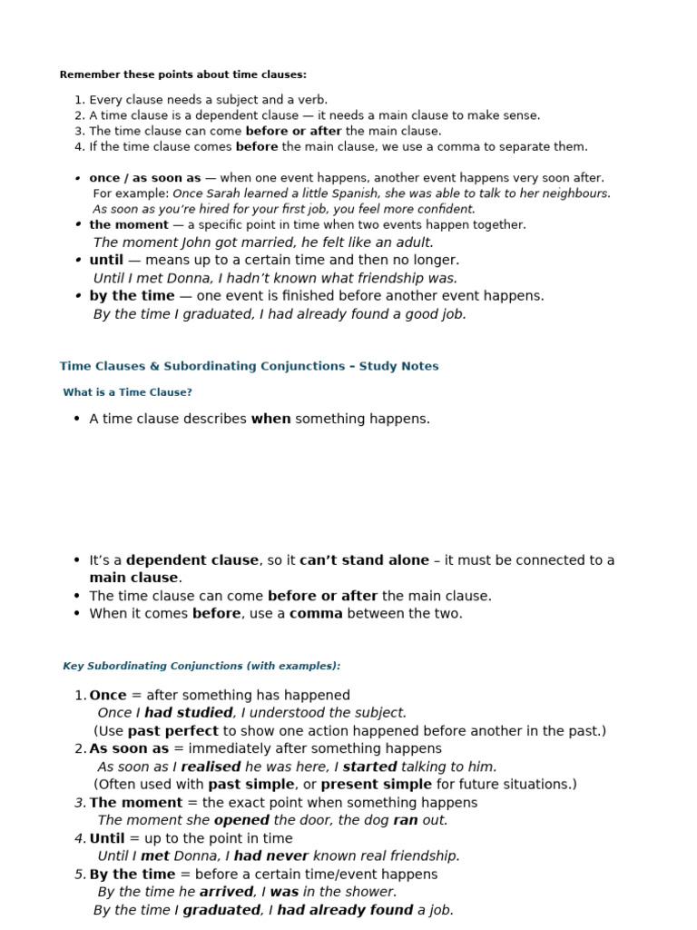 Time Clauses & Subordinating Conjunctions | PDF | Clause | Language ...