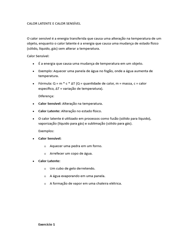 Calor Sensível e Latente: Conceitos e Exercícios | PDF | Calor ...