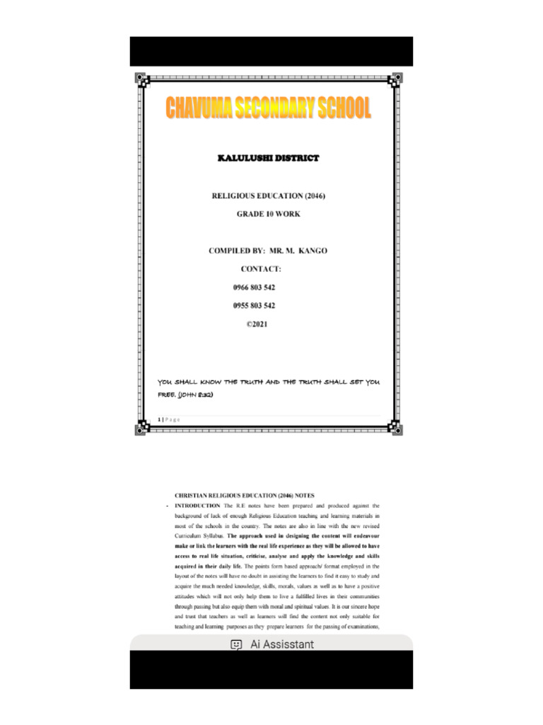 Chavuma Religious Education Notes | PDF