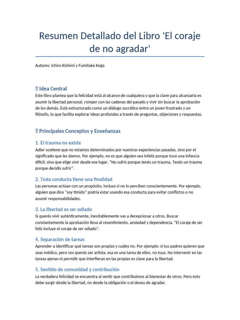 Resumen El Coraje de No Agradar | PDF | Trauma psicólogico | Felicidad