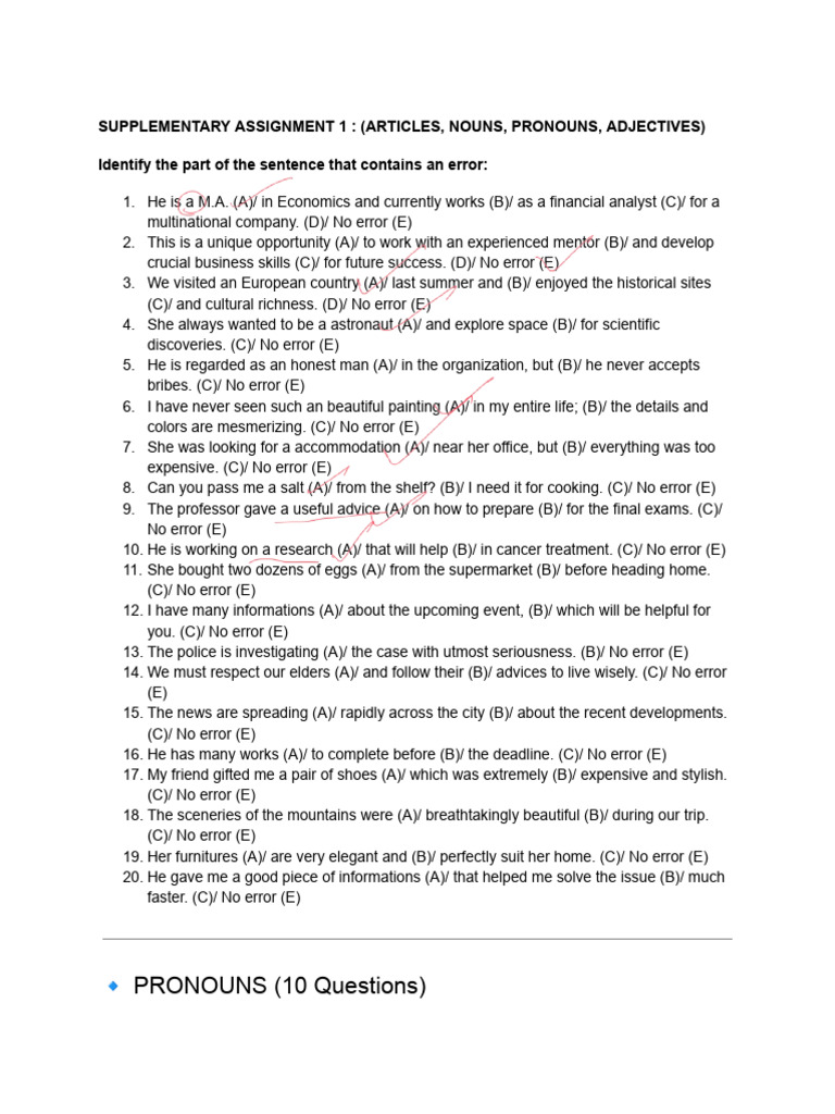 Supplementary Assignment 1 Articles, Nouns, Pronouns, Adjectives | PDF ...