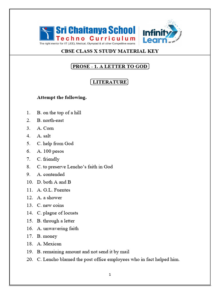 CBSE Class X English Study Material Prose 1, Poem 1 &2, SR 1 KEY | PDF ...