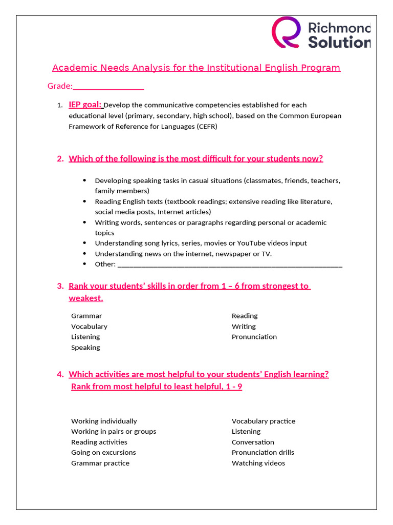 English Program Needs Analysis Template | PDF | English Language ...