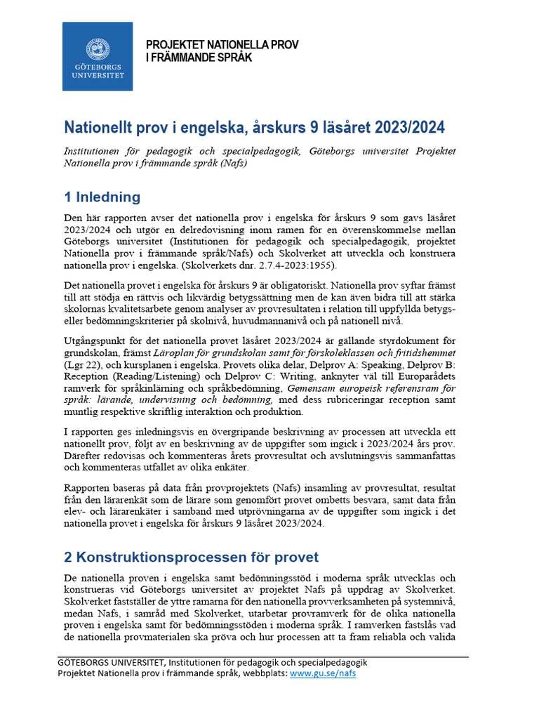 Rapport Nationellt Prov Eng Åk9 2023-24 | PDF