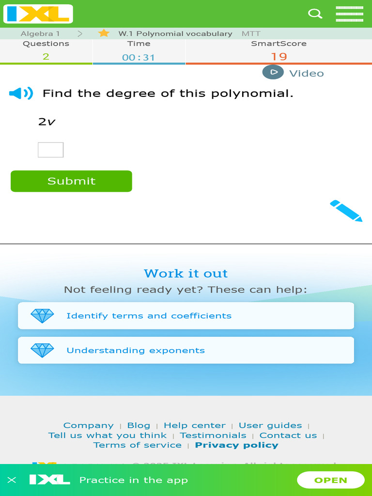 IXL - Polynomial Vocabulary (Algebra 1 Practice) | PDF
