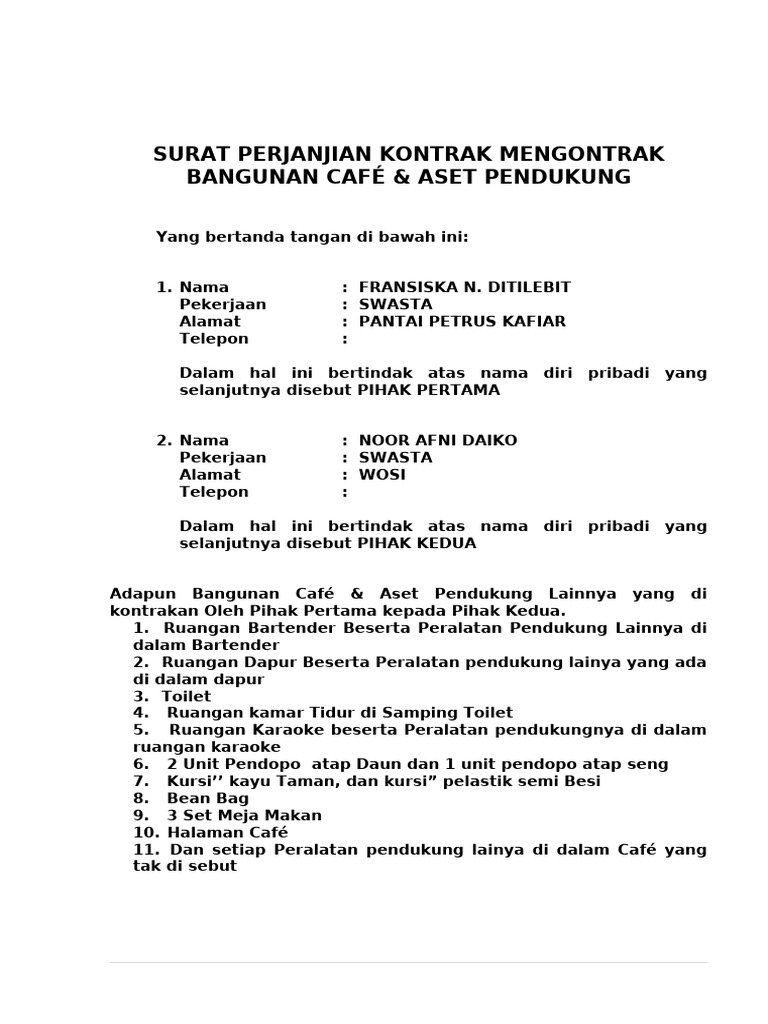 Surat Kontrak Cafe Chy | PDF