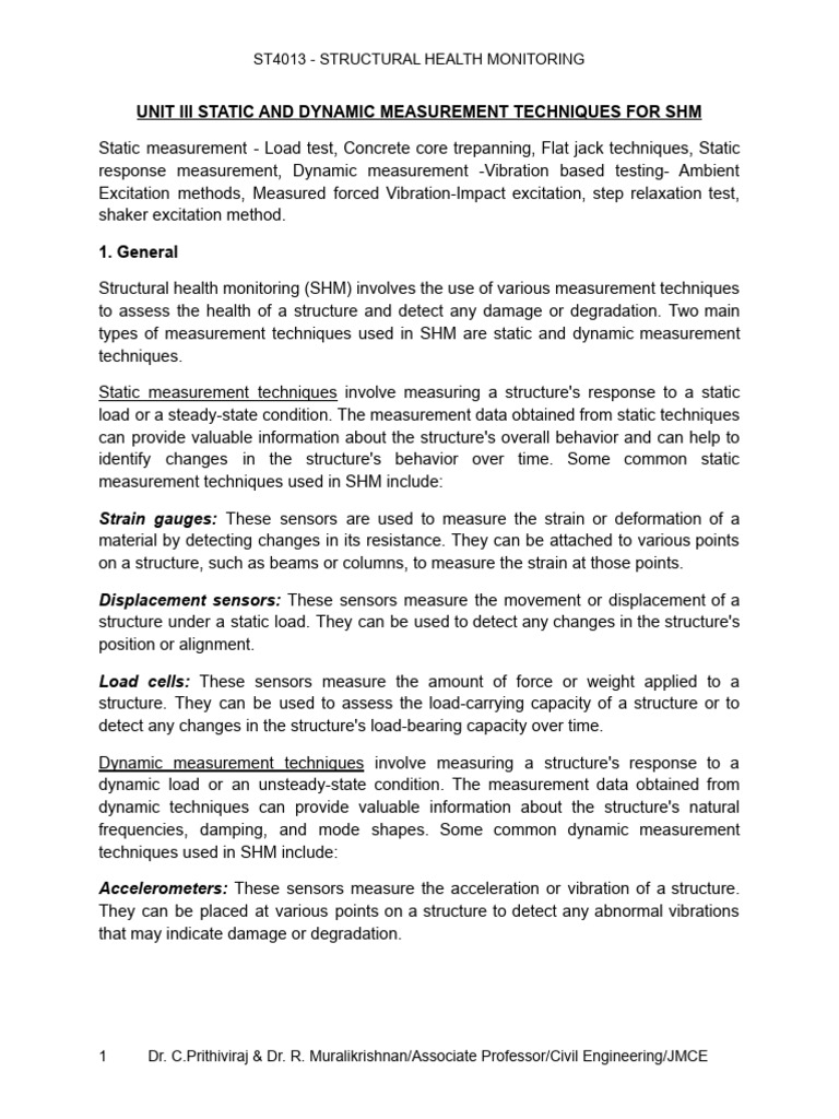 Unit III ST4013 STRUCTURAL HEALTH MONITORING | PDF | Deformation (Engineering) | Accelerometer