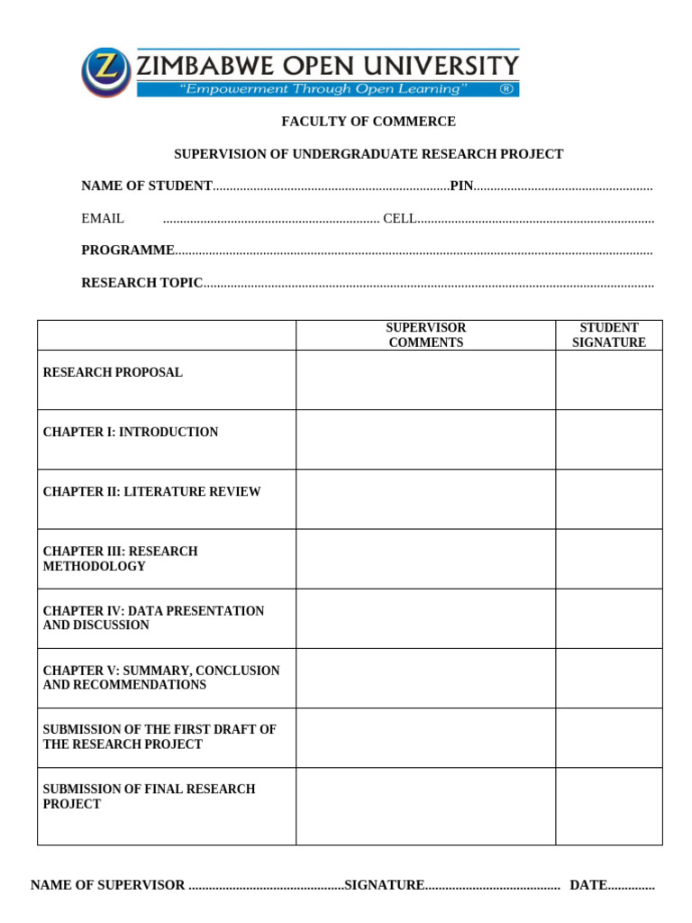 BBFH408 Undergraduate Research Project Supervision Checklist | PDF