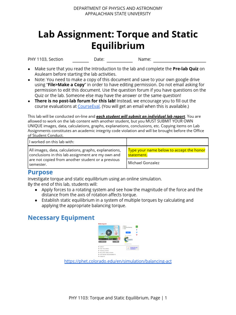 1103 - Torque and Static Equilibrium - Student | PDF | Torque | Force