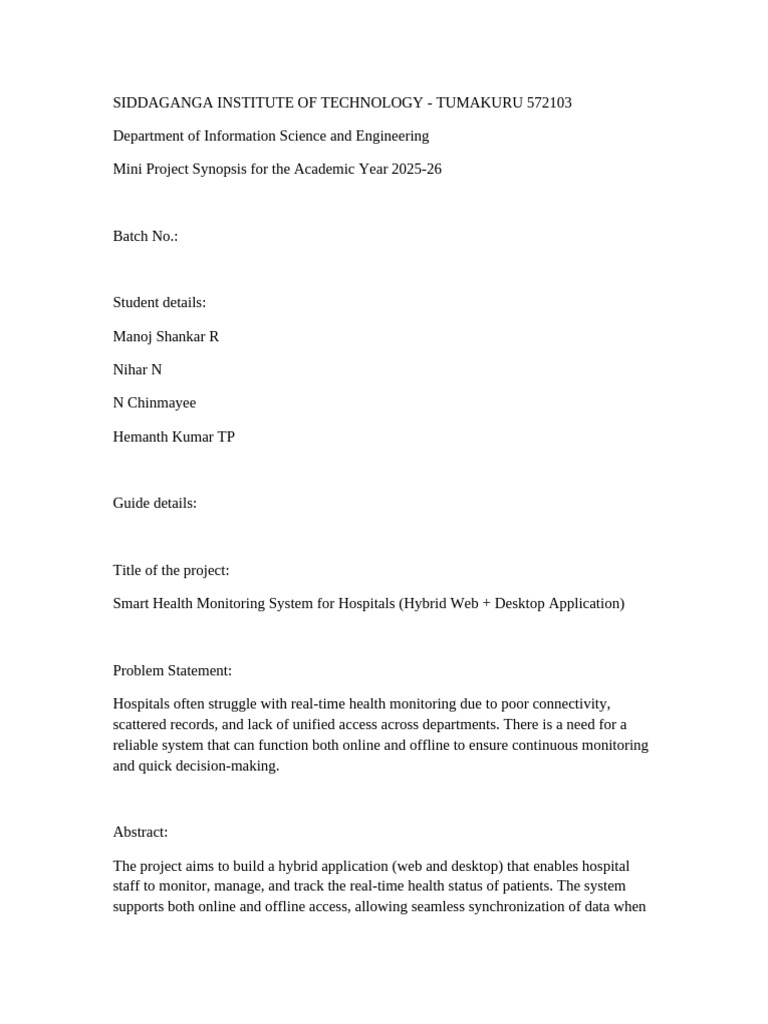 Smart Health Monitoring Synopsis Filled 2 | PDF