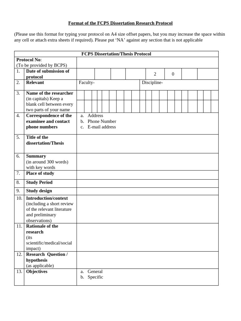 FCPS Dissertation Protocol Format | PDF | Thesis | Methodology