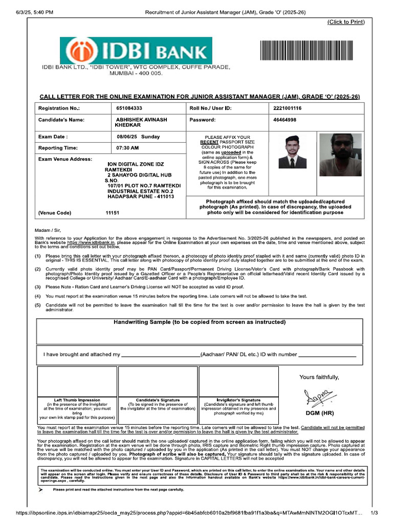Abhishek Idbi Call Letter | PDF