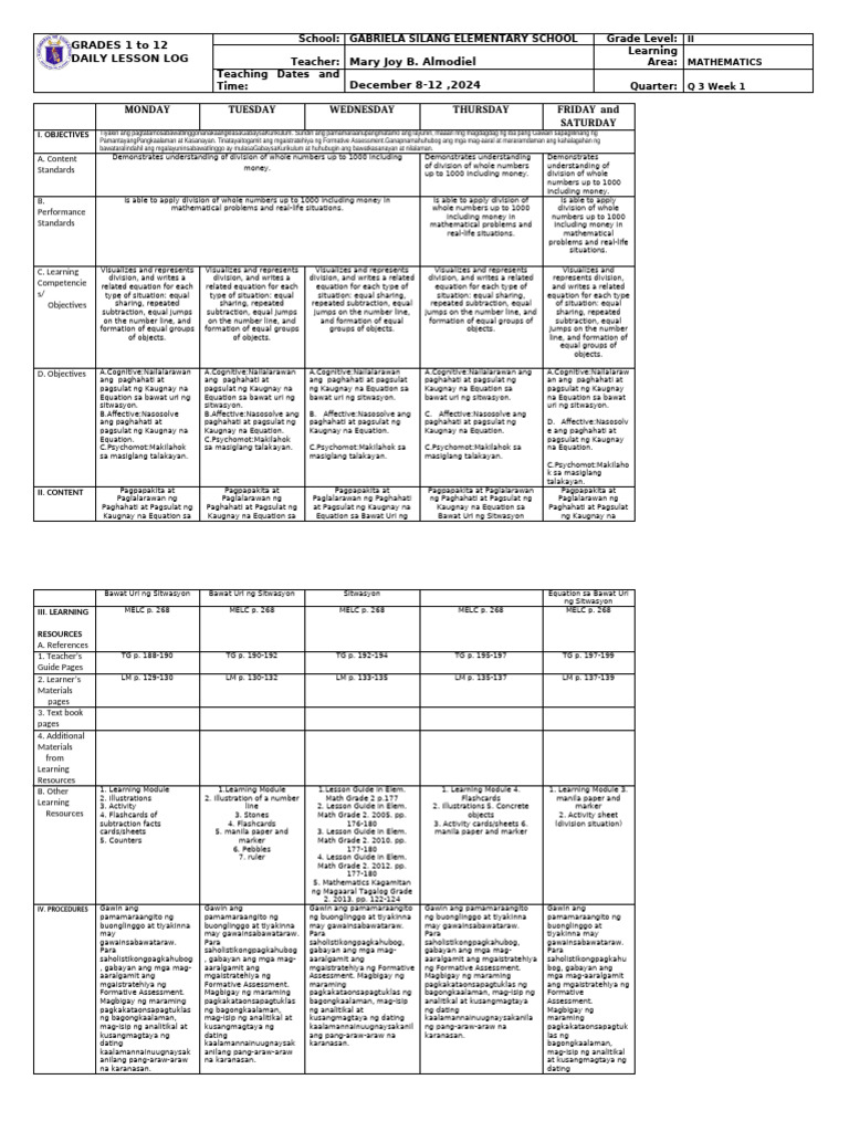 DLL Math 2 Q3 Week 1 Sy 2024 2025 | PDF | Division (Mathematics ...