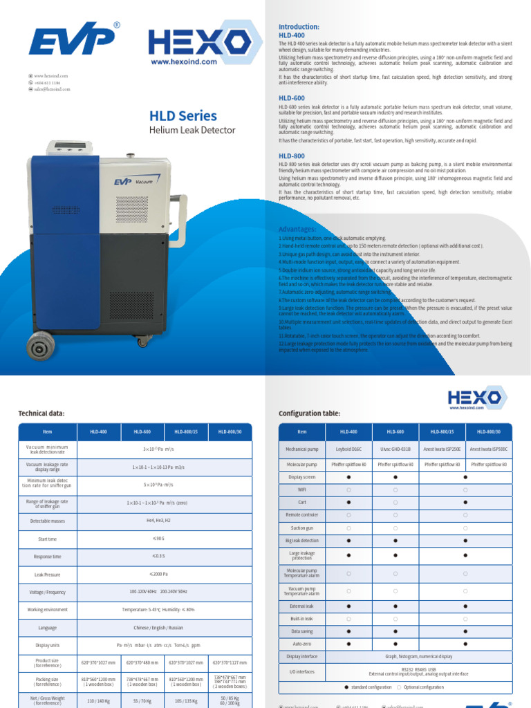 HEXO EVP HLD Series Helium Leak Detector | PDF | Mass Spectrometry | Automation