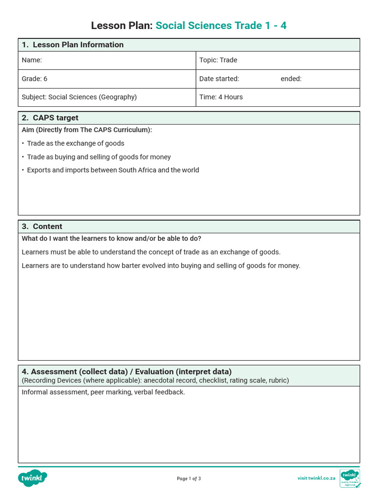 Grade 6 Social Sciences Trade Lesson Plans 1-4 | PDF | Learning ...