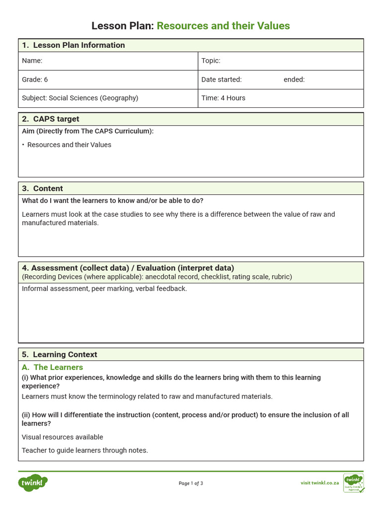 Resources and Their Values Lesson Plan | PDF | Educational Assessment ...