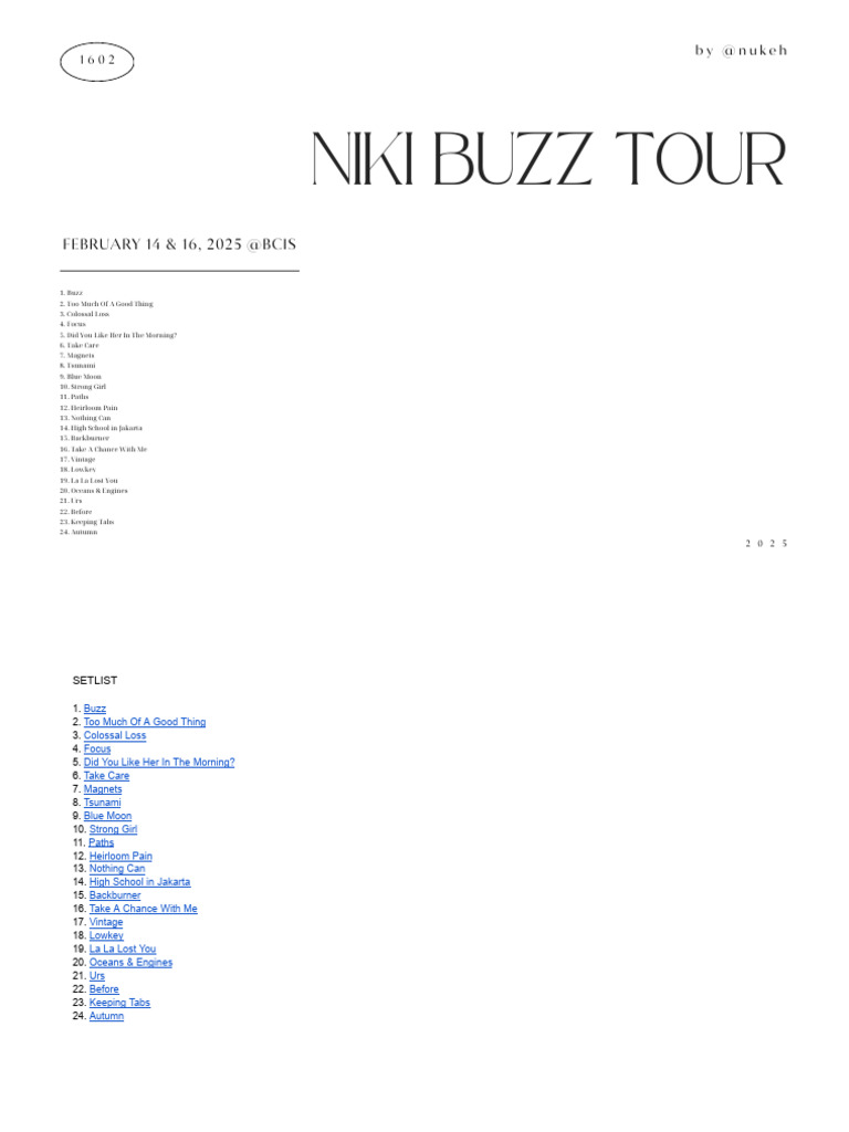 NIKI Buzz Tour Setlist Lyrics | PDF