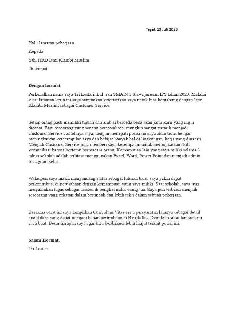 Custumer Service Tri Lestari | PDF