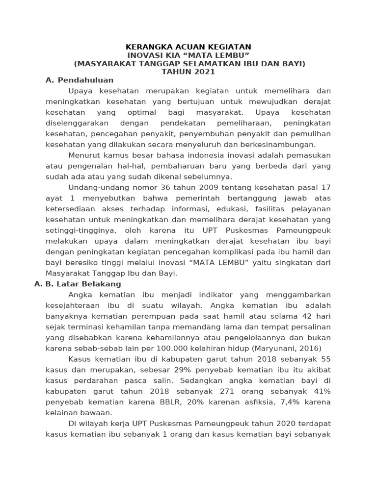 KERANGKA ACUAN Mata Lembu PKM Pamengpeuk | PDF