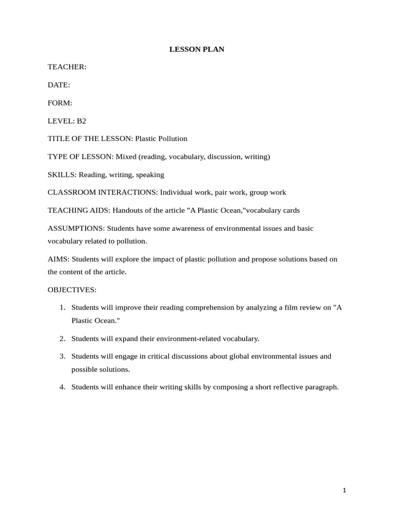 Plastic Pollution - Lesson Plan | PDF | Reading Comprehension | Learning