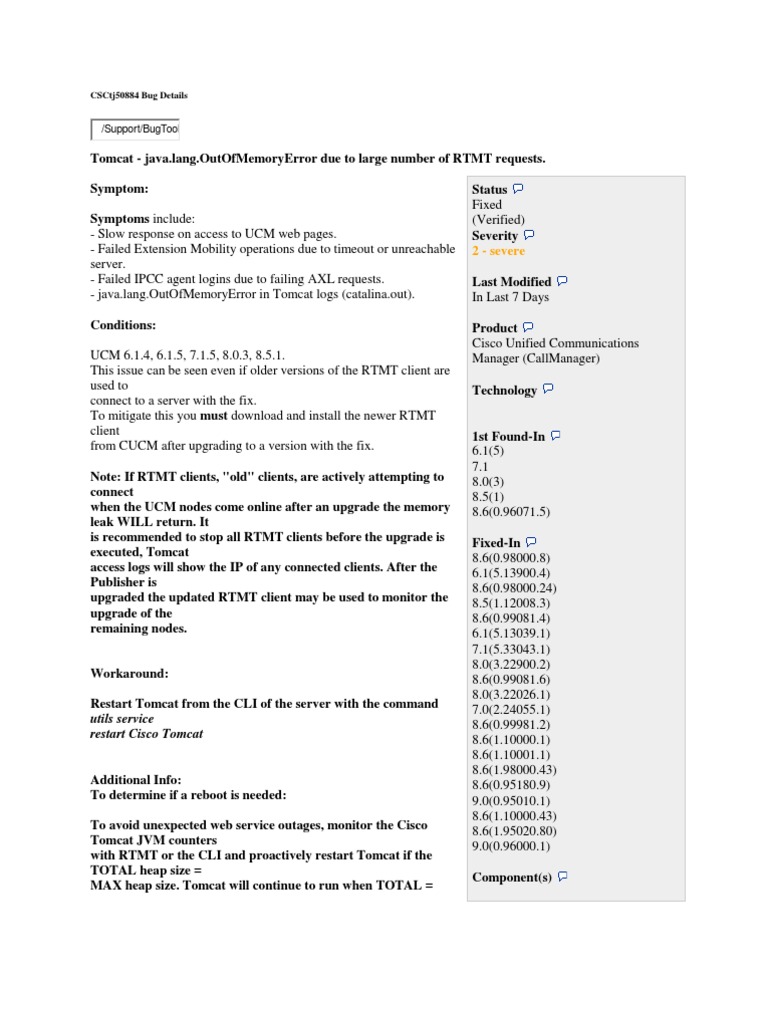 CSCtj50884 Bug Details Tomcat | PDF | Software Bug | Java (Programming Language)