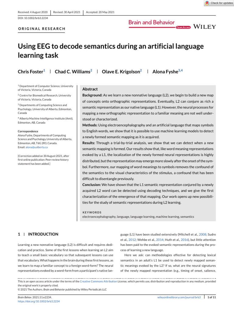 Brain and Behavior - 2021 - Foster - Using EEG To Decode Semantics During An Artificial Language ...