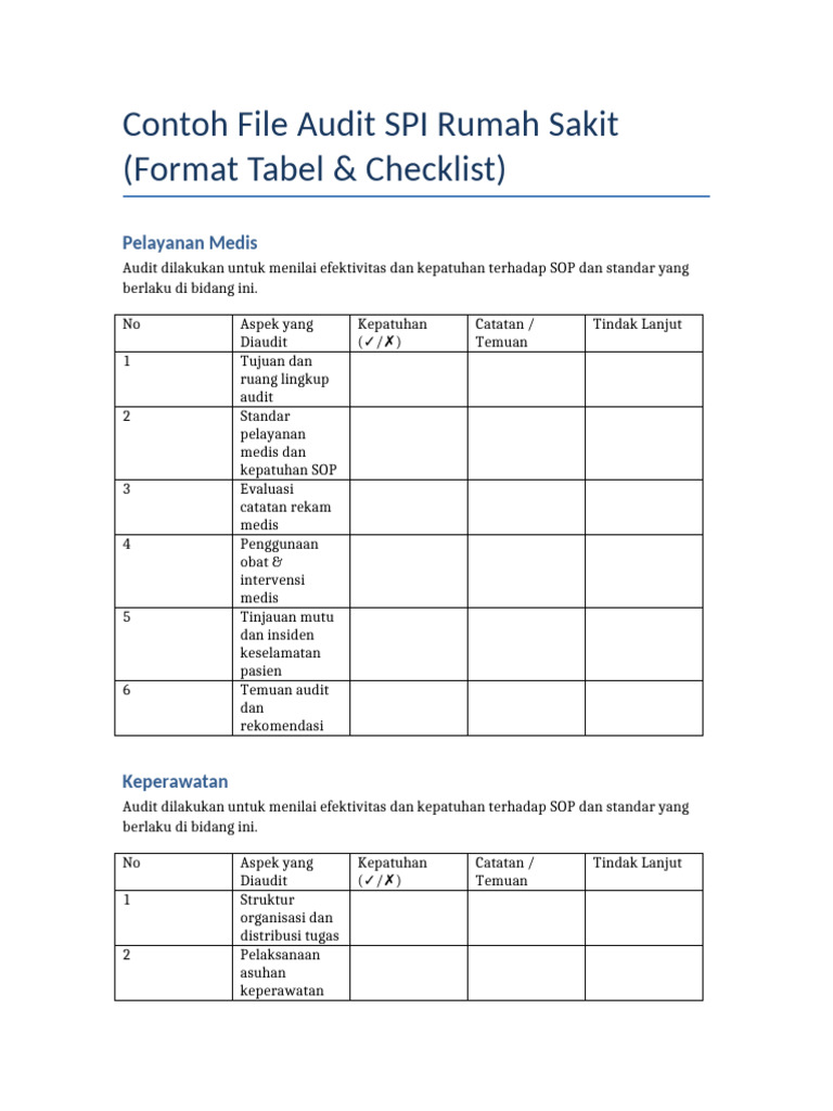 Audit SPI RS Semua Bidang Tabel Checklist | PDF