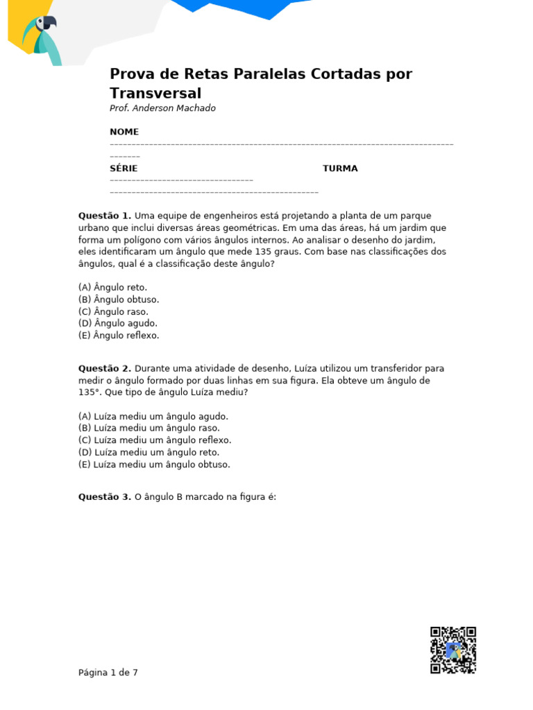 Prova de Retas Paralelas e Ângulos | PDF | Ângulo