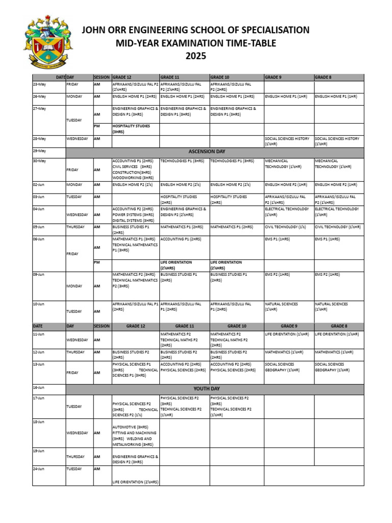 Mid Year Examination Time Table 2025 | PDF