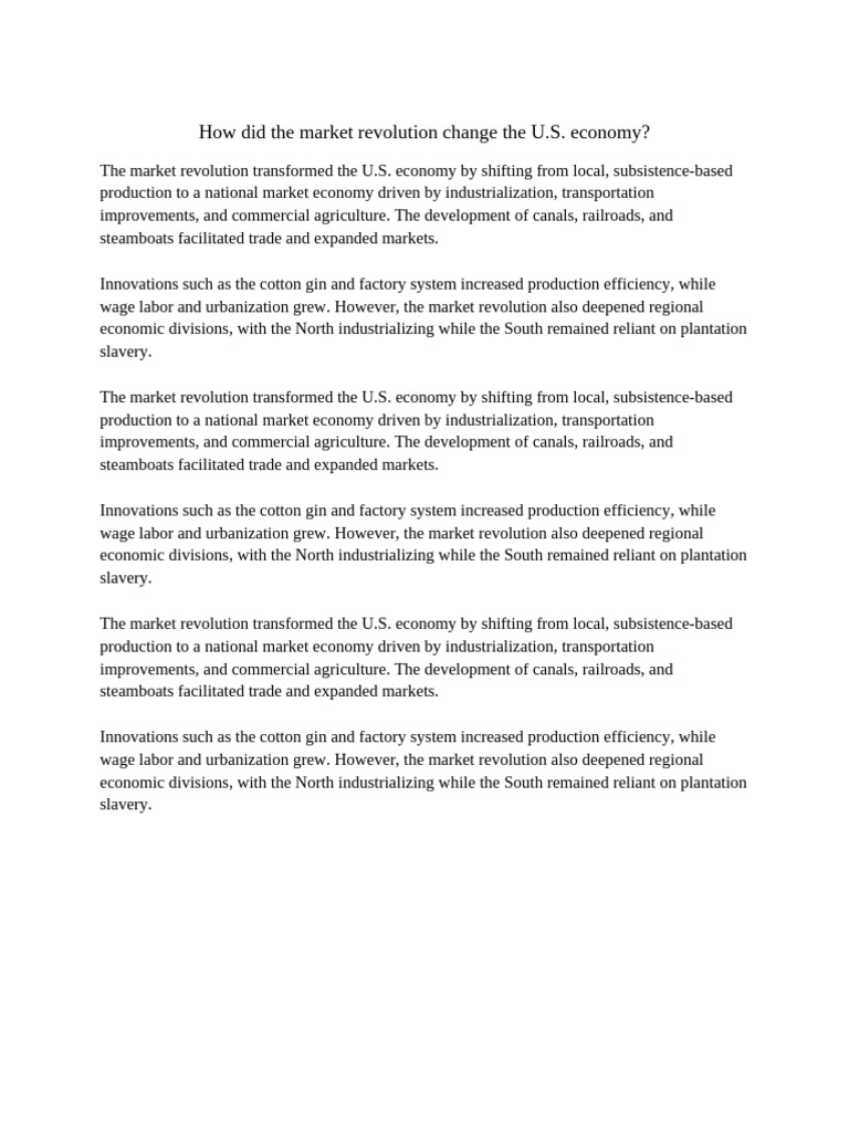 How Did The Market Revolution Change The U.S. Economy - Test | PDF