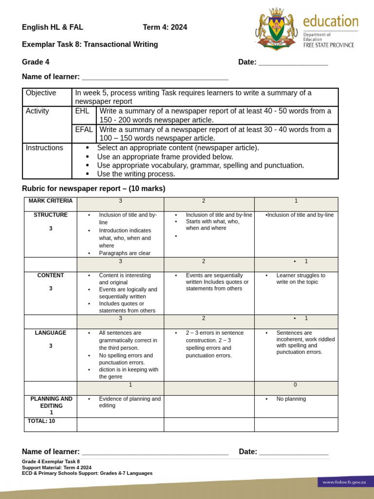 Grade 4 Term 4 Transactional Writing Guide | PDF | Word | Grammar
